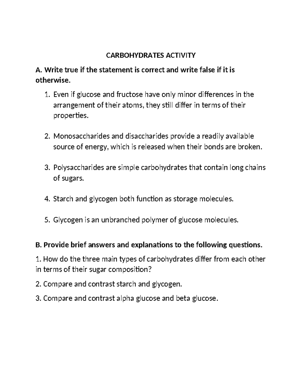 Carbohydrates Activity - CARBOHYDRATES ACTIVITY A. Write true if the ...