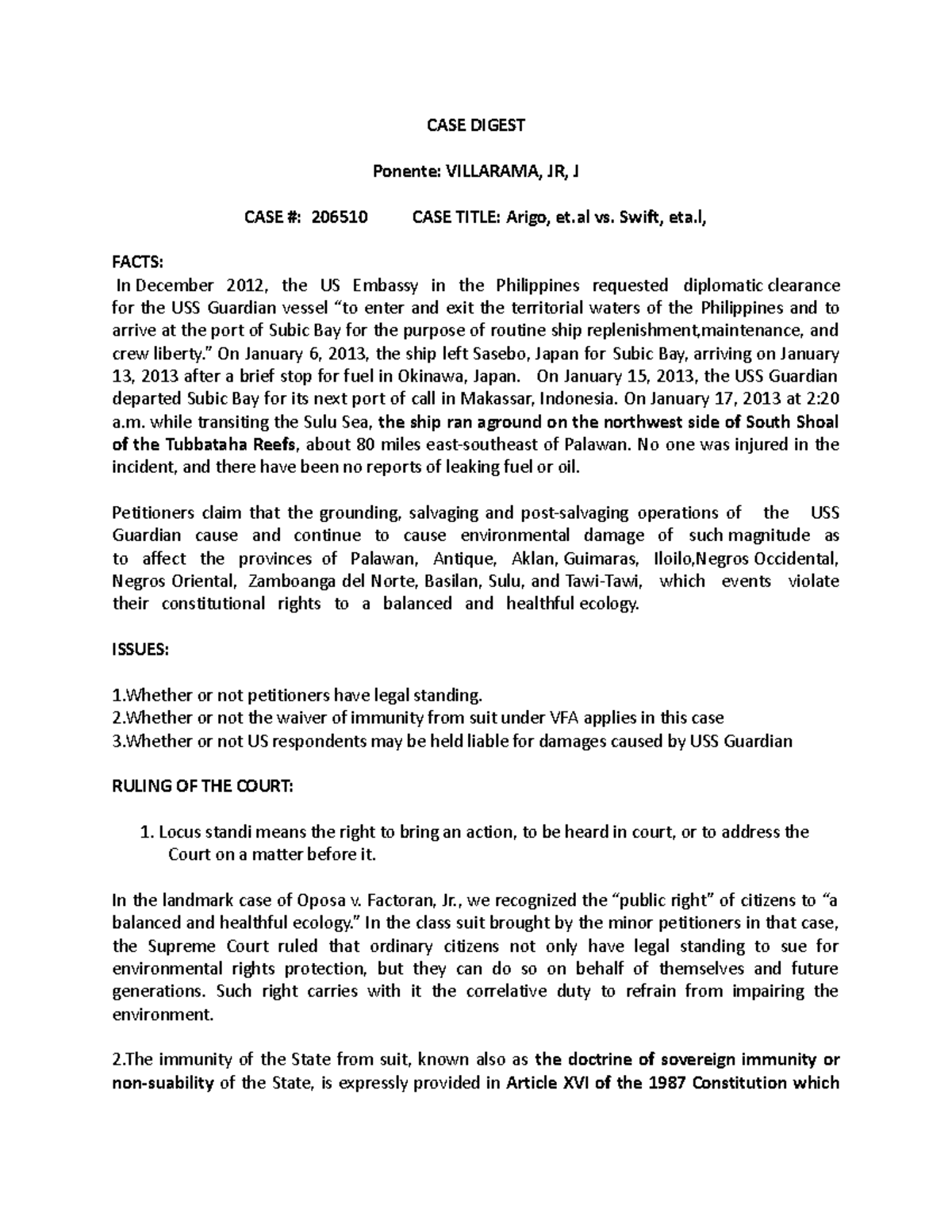 Arigo, et.al vs. Swift, eta - CASE DIGEST Ponente: VILLARAMA, JR, J ...