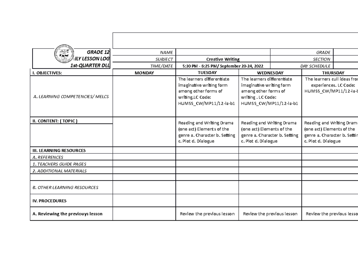 Grade 12 Daily Lesson LOG 1st - GRADE 12 DAILY LESSON LOG 1st-QUARTER ...