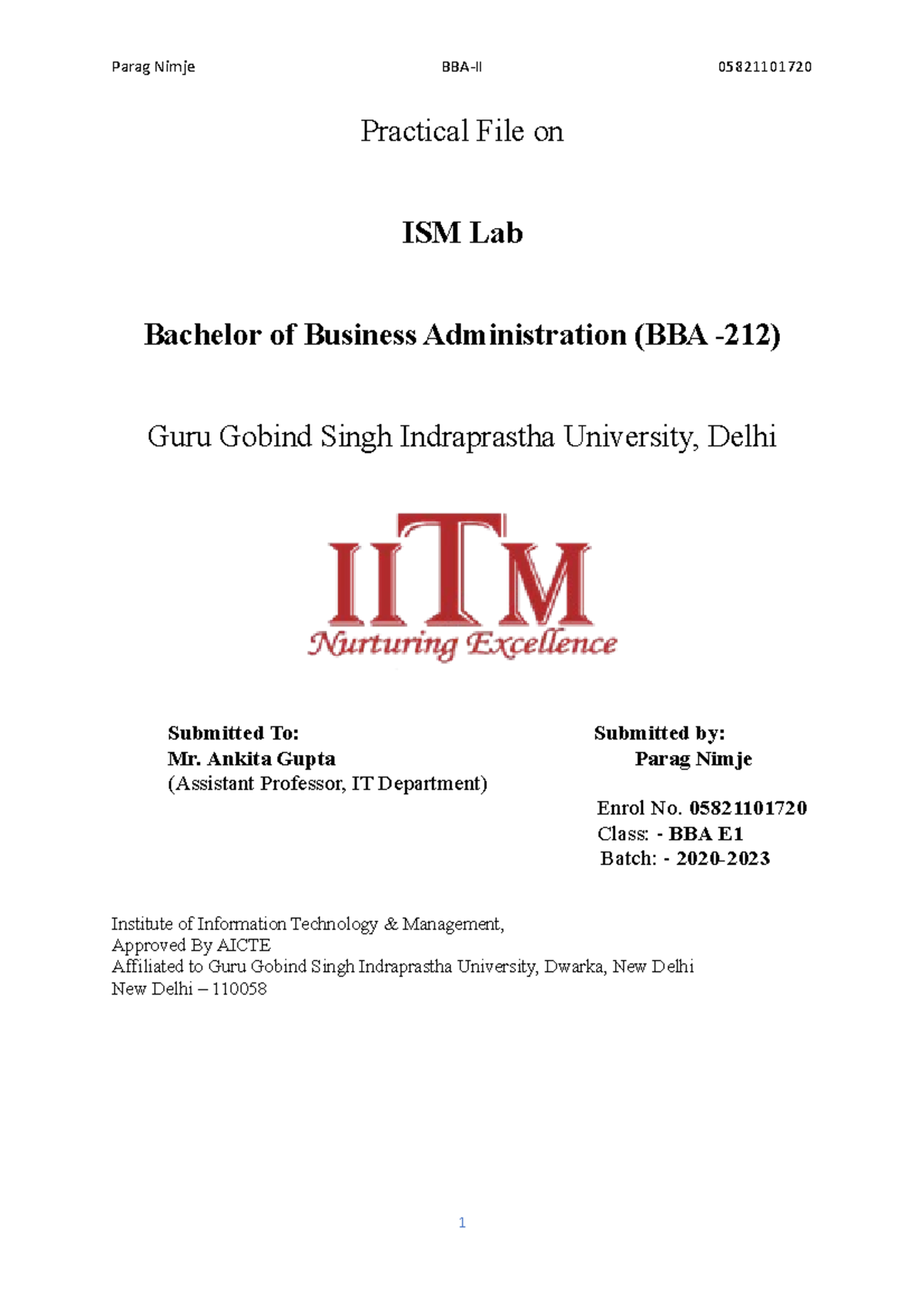 Practical - NOTHING - Practical File on ISM Lab Bachelor of Business Administration (BBA -212 ...