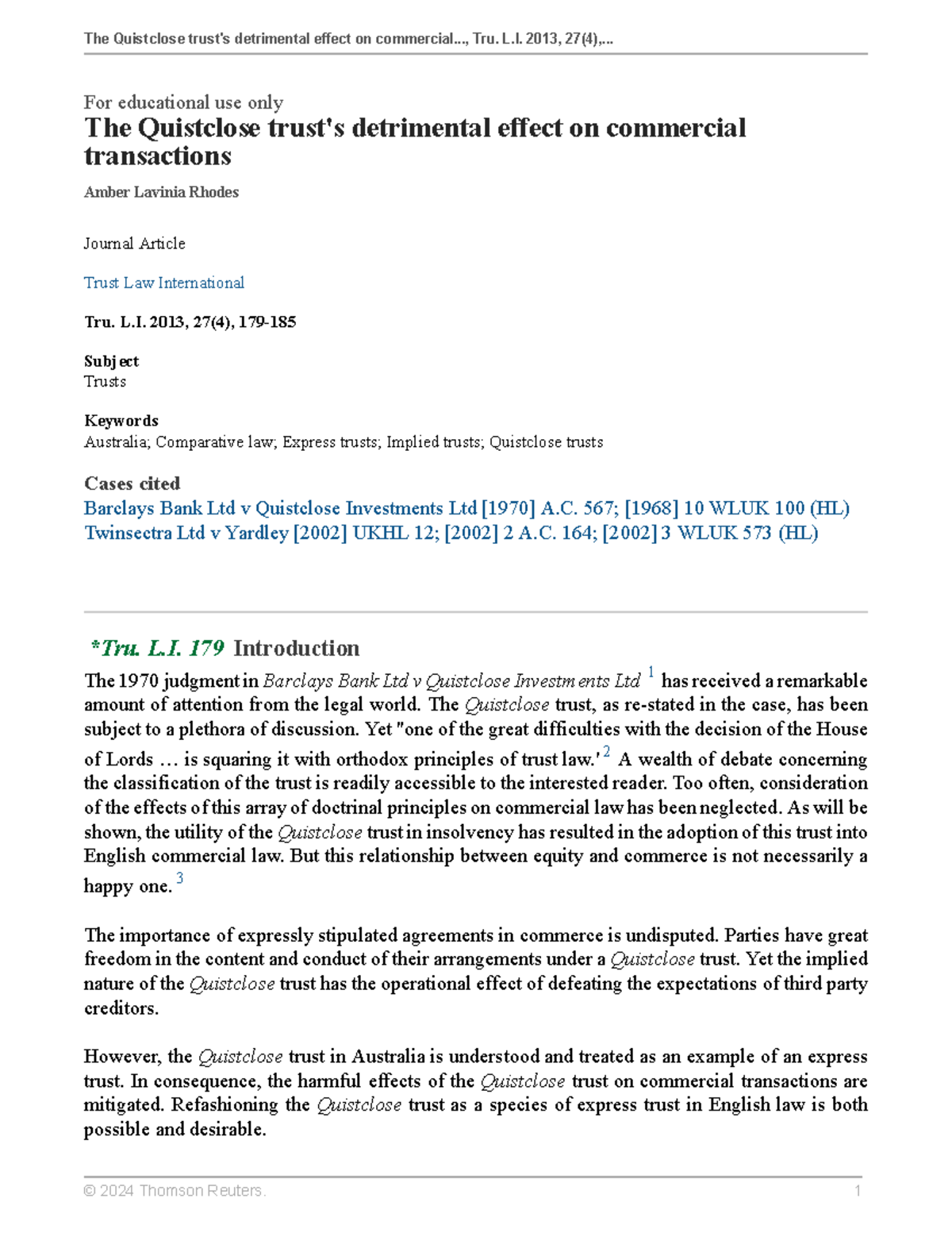 The Quistclose trusts detrimental effect on commercial transactions ...