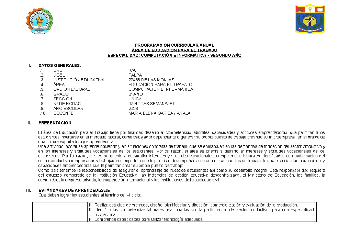 Computación E Informática 2° AÑO - PROGRAMACION CURRICULAR ANUAL ÁREA DE EDUCACIÓN PARA EL ...