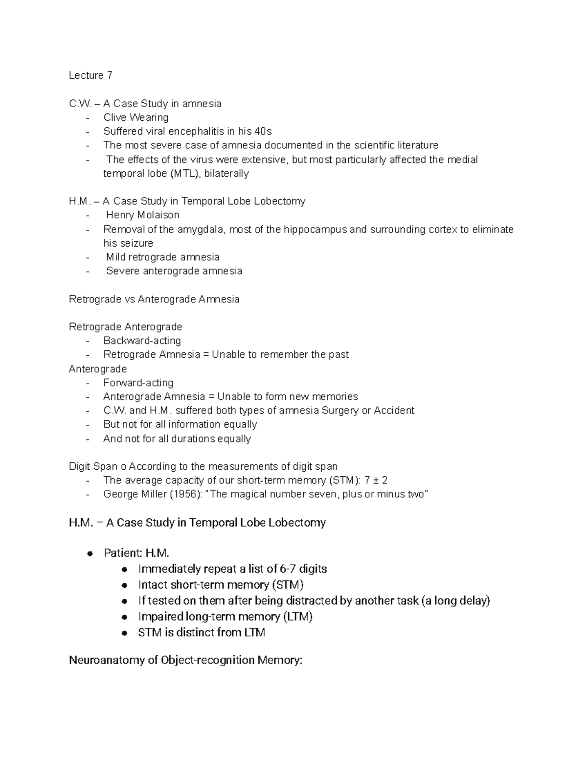 Lecture 7 Notes - Lecture 7 C. – A Case Study in amnesia - Clive ...