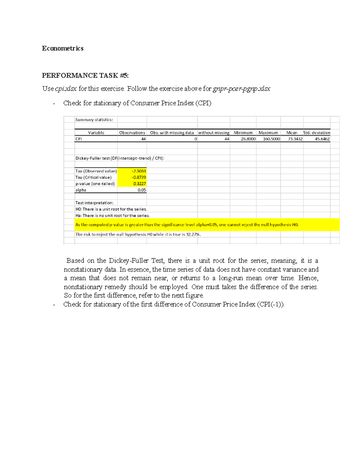 Econometrics Pt5 Econometrics Performance Task 5 Use Cpi For This Exercise Follow The