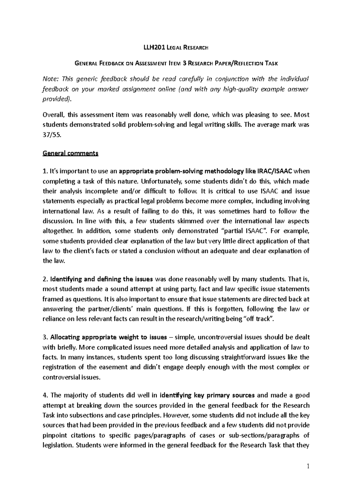 Research Paper Reflection Task General Feedback - LLH201 LEGAL RESEARCH ...