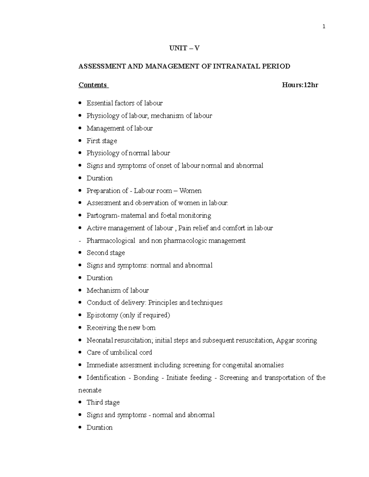 Unit V obg normal labour qstn bank - UNIT – V ASSESSMENT AND MANAGEMENT ...