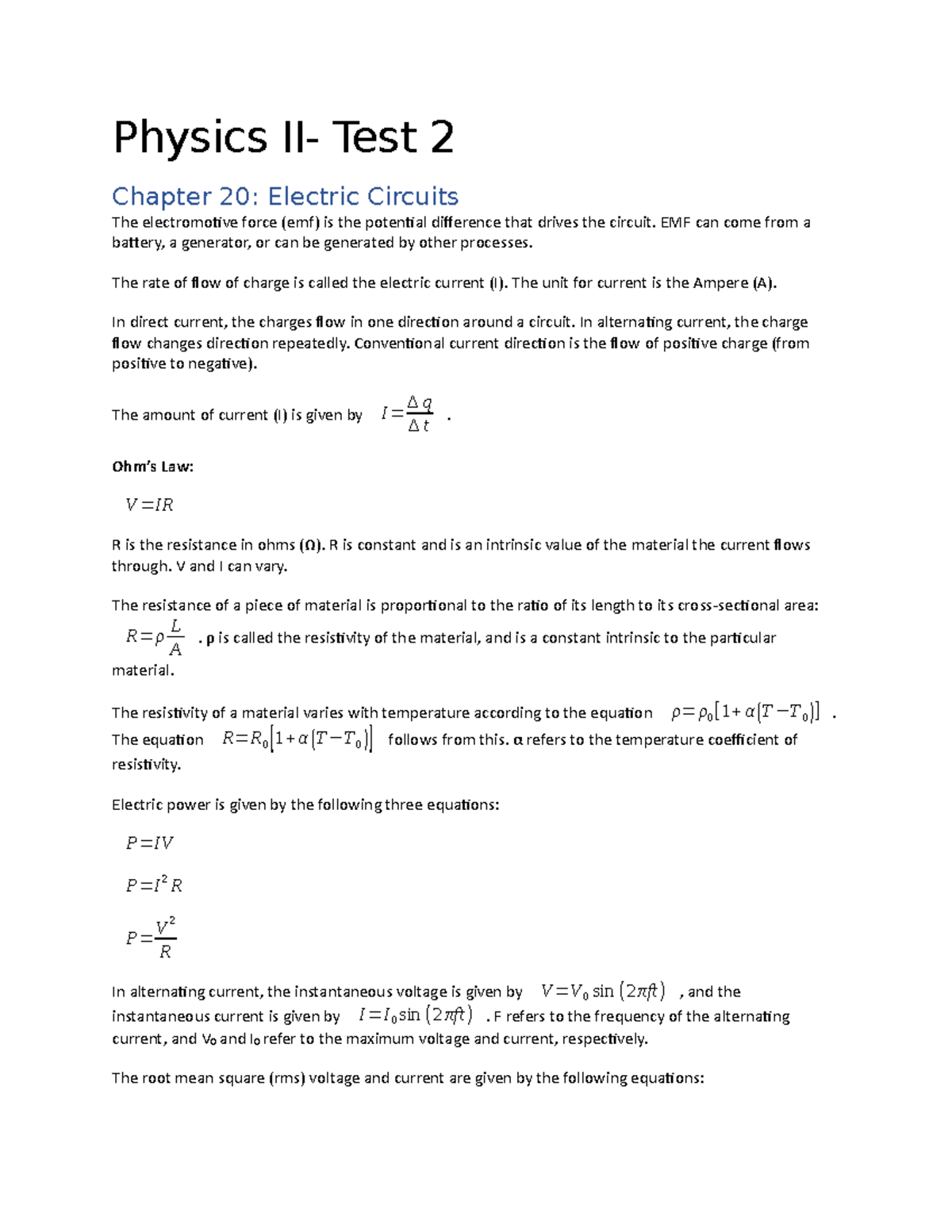 Part 2 - Summary General Physics Ii/Trig - Physics II- Test 2 Chapter ...