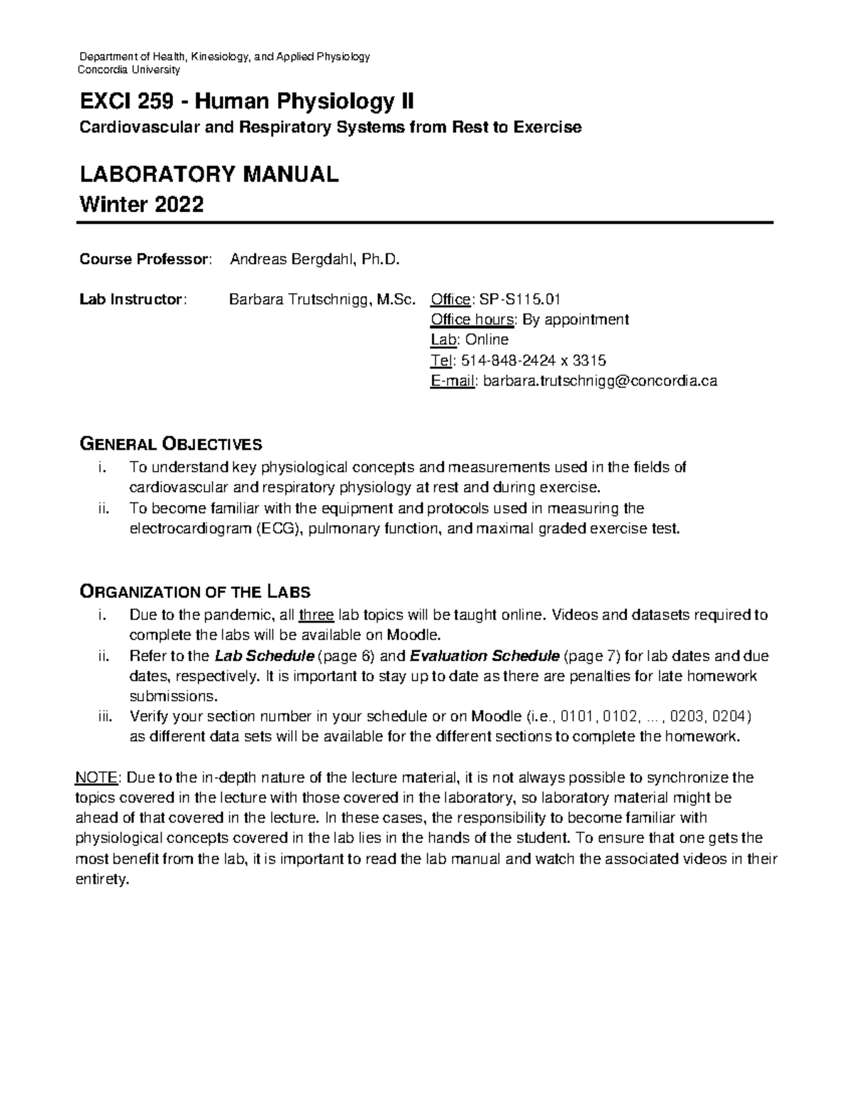 EXCI 259 Lab Manual 2022 only Andreas Berghdal - Department of Health, Kinesiology, and Applied ...
