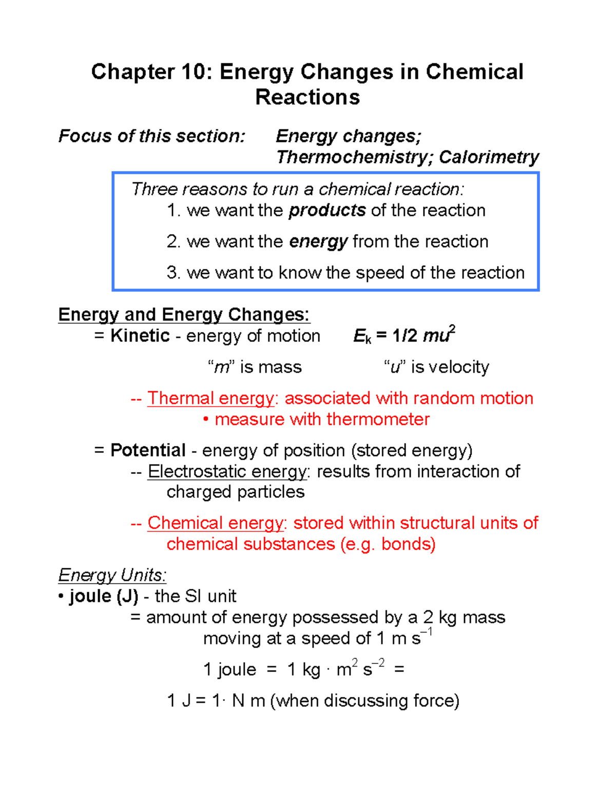 Ch. 10 Lecture Notes - Chapter 10: Energy Changes in Chemical Reactions ...