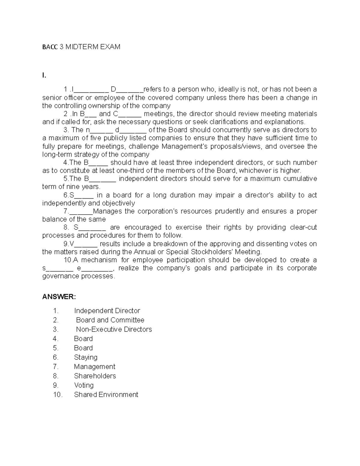 BACC 3 Midterm EXAM - Notes for exam - BACC 3 MIDTERM EXAM I. 1 .I ...