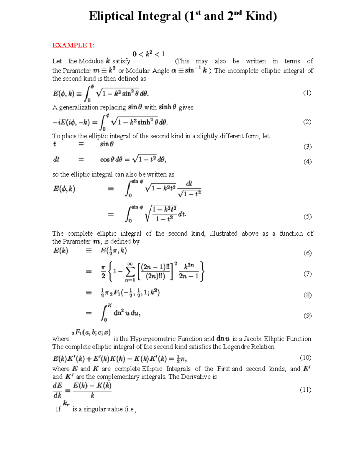 Elliptical Integral - Good Work notes - Eliptical Integral ( st and 2 ...