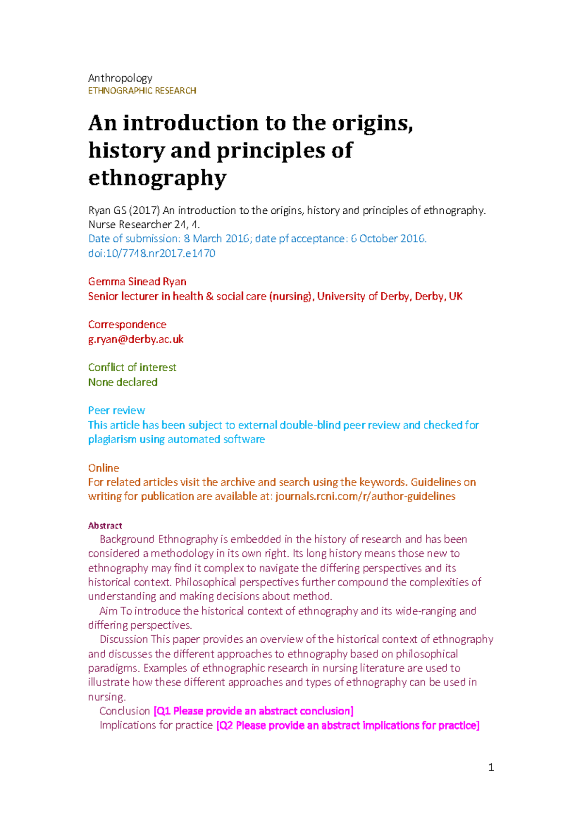 History of ethnogrpahy - Anthropology ETHNOGRAPHIC RESEARCH An ...