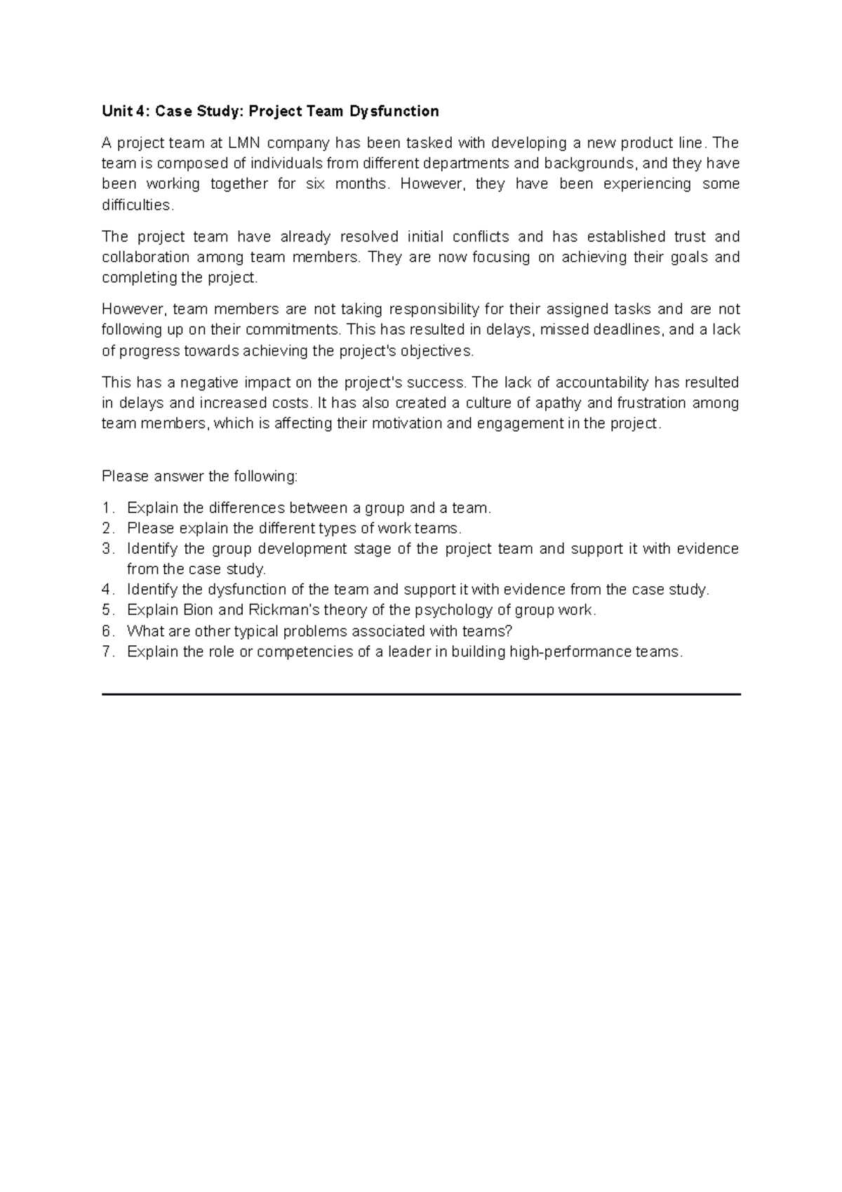 Unit 4 revision - notes - Unit 4: Case Study: Project Team Dysfunction ...