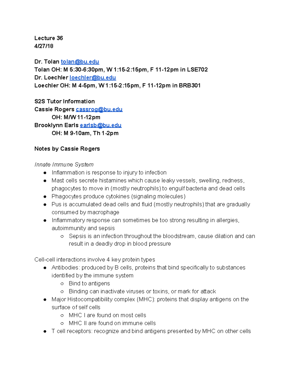 Immunity lecture notes 4/27/18 - Lecture notes 36 - Lecture 36 4/27/ Dr ...