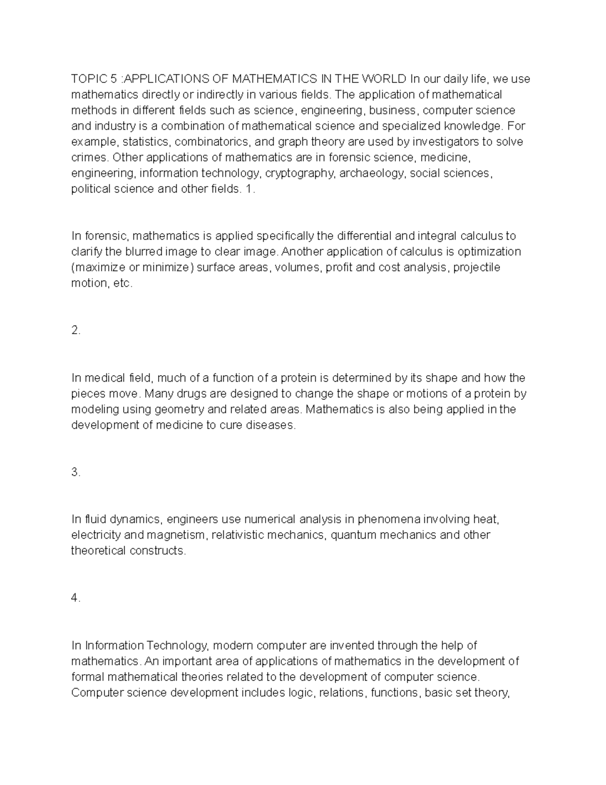 Applications OF Mathematics TOPIC 5 APPLICATIONS OF MATHEMATICS IN