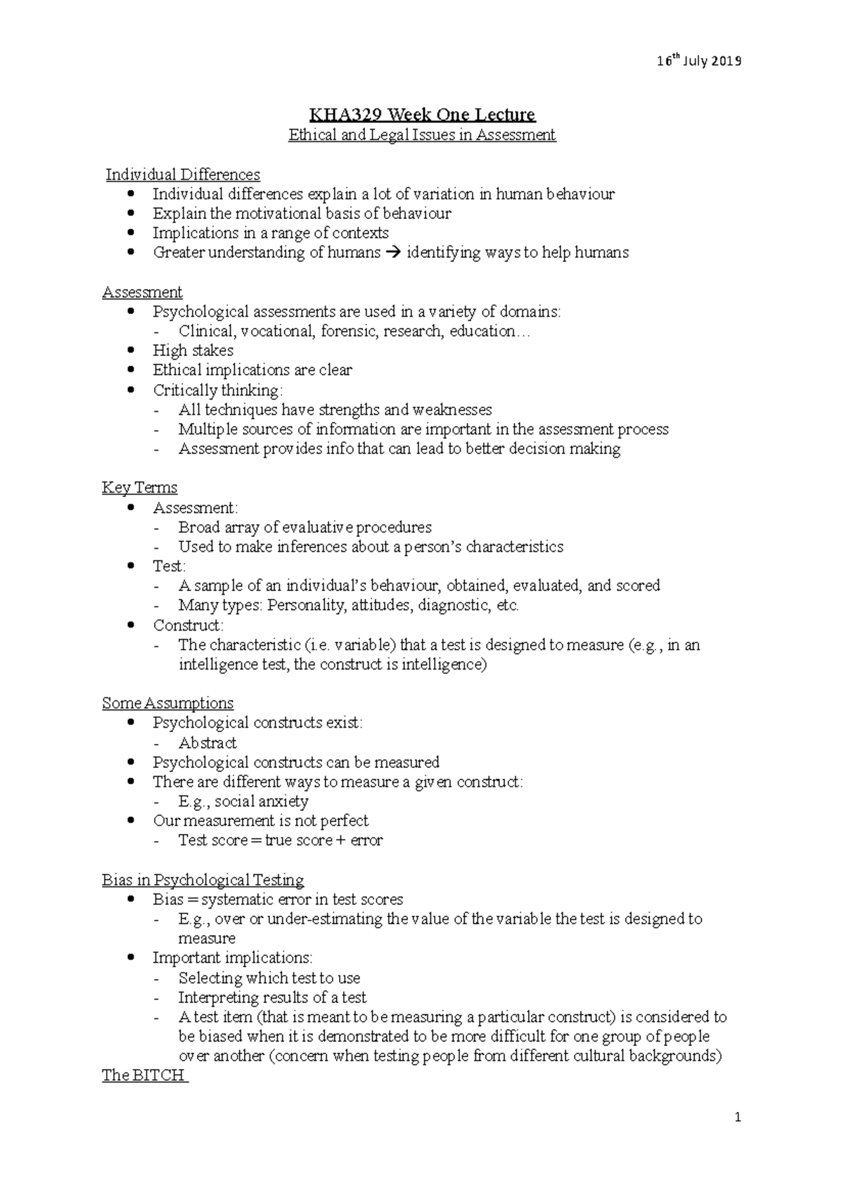 Week 1 - Lecture notes 1 - 16 th July 2019 KHA329 Week One Lecture ...