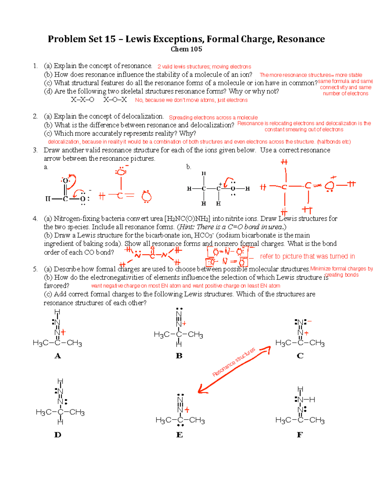 Chem 105 PS 15 Formal charges and resonance - Problem Set 15 – Lewis ...