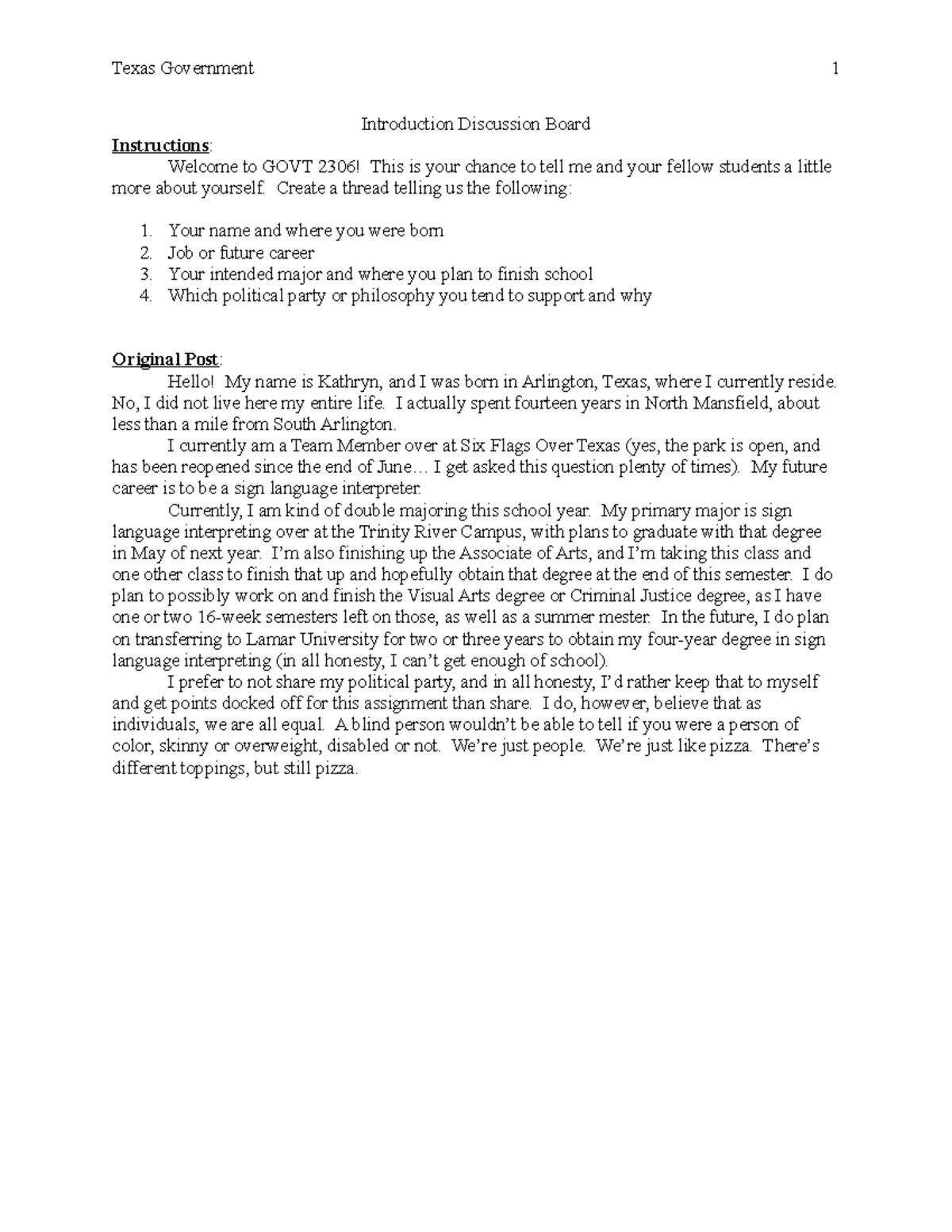 Discussion Board Introduction - Texas Government Introduction ...