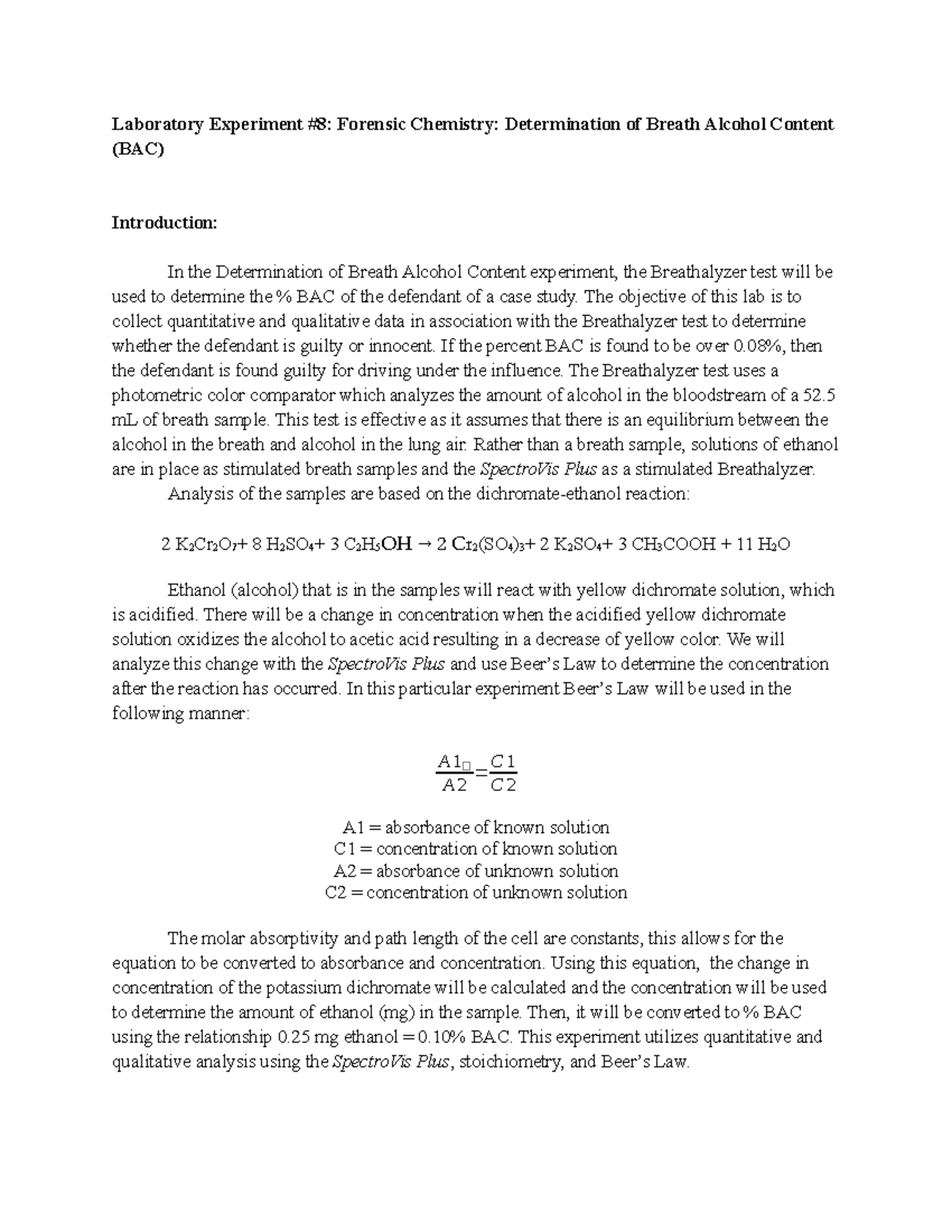 Laboratory Experiment #8 Forensic Chemistry Determination of Breath ...