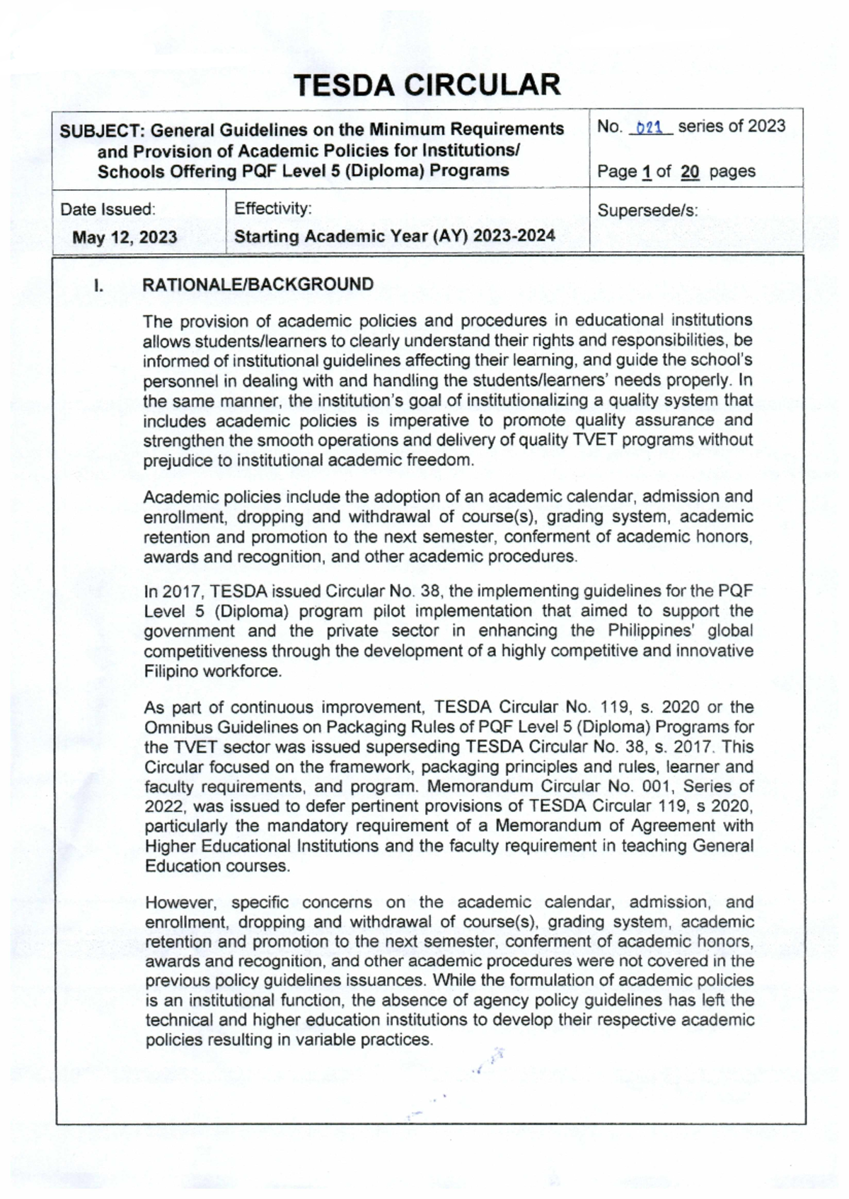 Tesda Circular No. 021-2023 - SUBJECT: General Guidelines on the ...