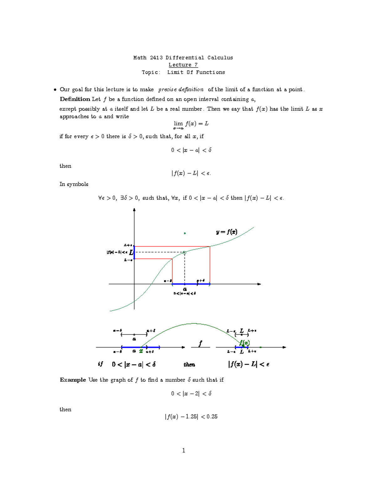 Lecture 7 Notes N Math 2413 Differential Calculus Lecture 7 Topic Limit Of Functions Our Goal