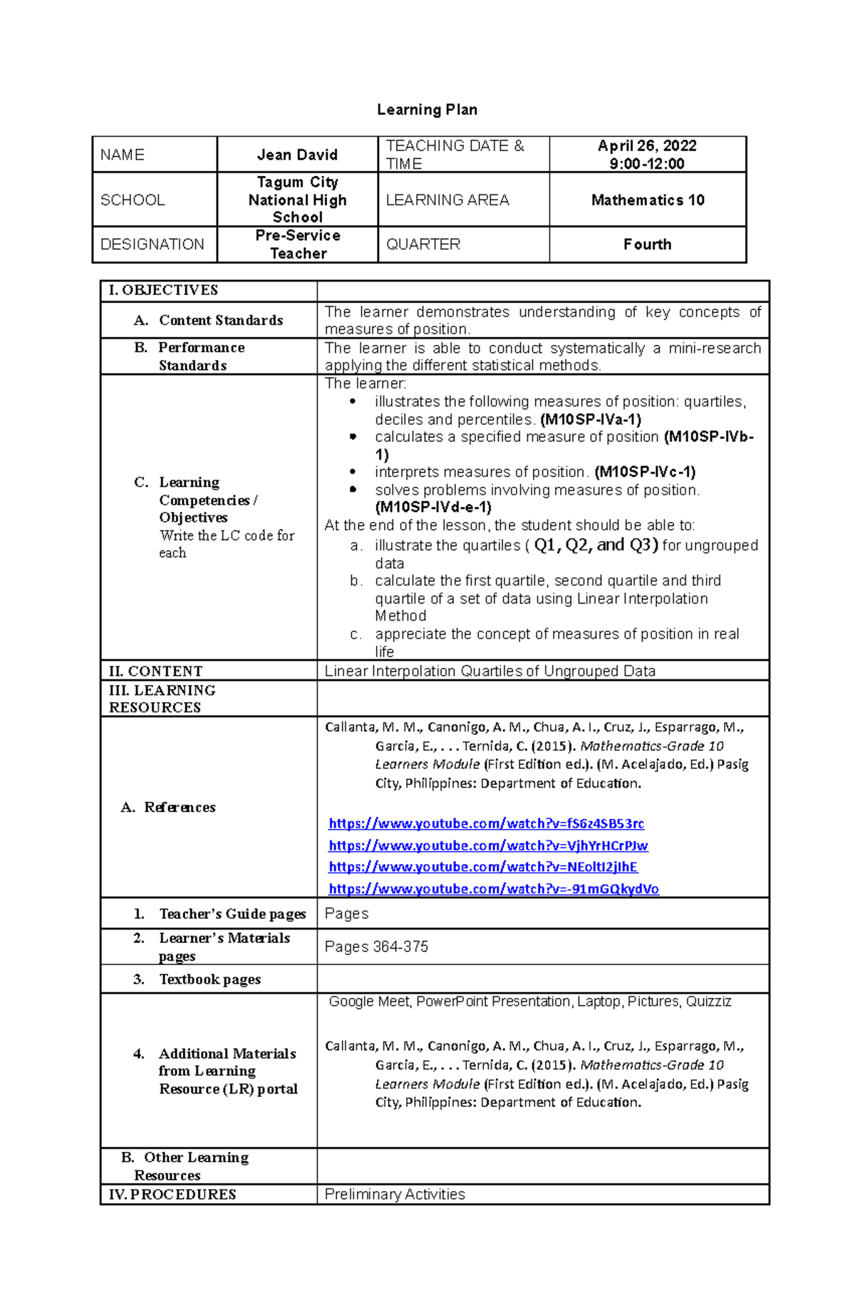 Learning Plan about Quartiles for Ungrouped Data - Learning Plan NAME ...