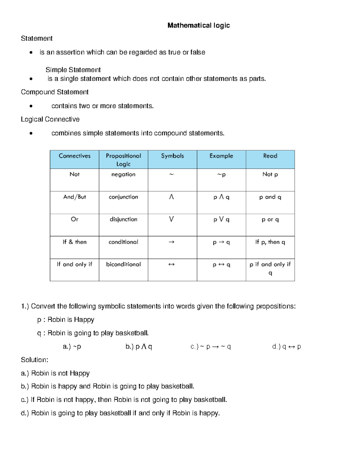 Mathematical logic - Notes - Mathematical logic Statement is an ...