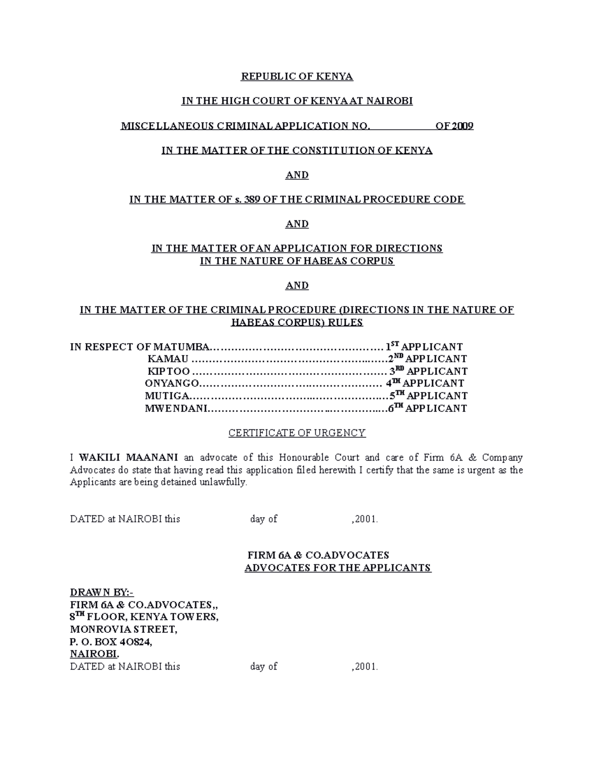 Habeas Corpus Pleadings- Final - REPUBLIC OF KENYA IN THE HIGH COURT OF ...