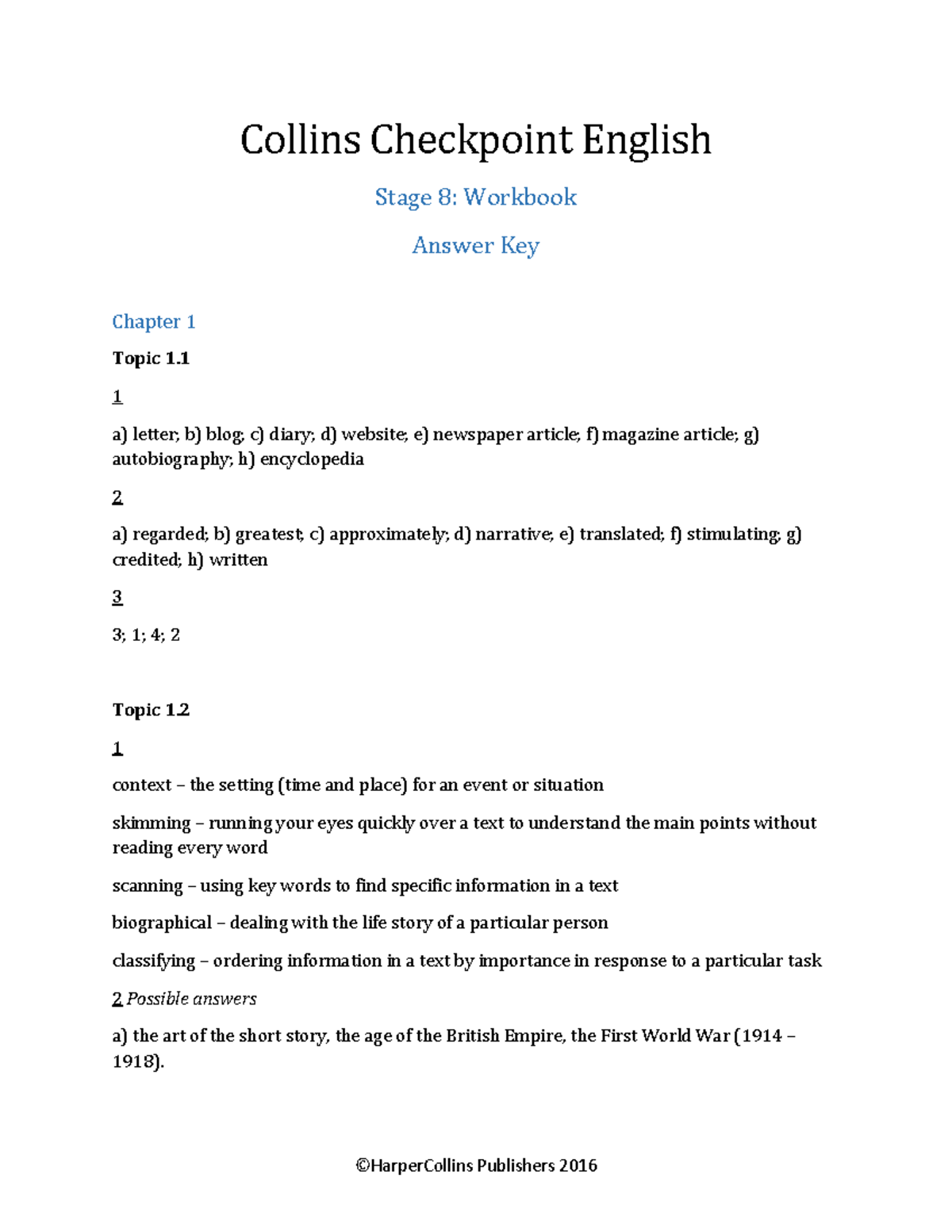 Checkpoint Stage 8 Workbook Answer Key - Collins Checkpoint English ...