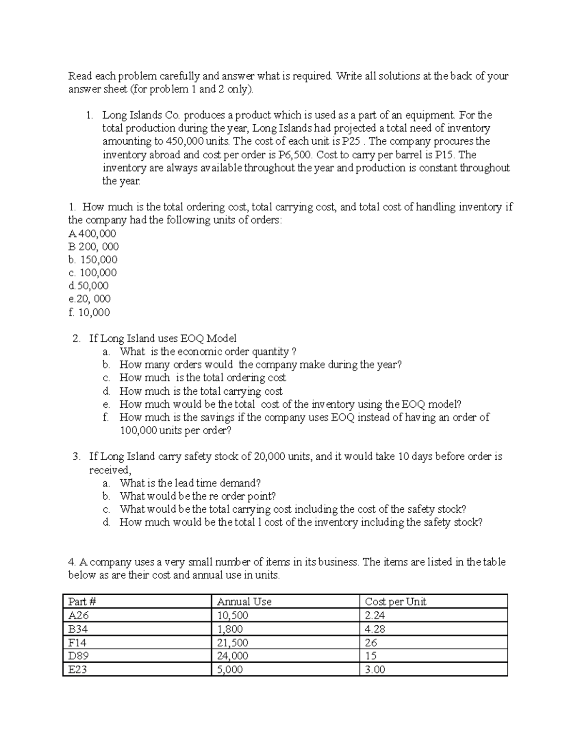 Activity 2 on Inventory -EOQ and ABC - Read each problem carefully and answer what is required ...