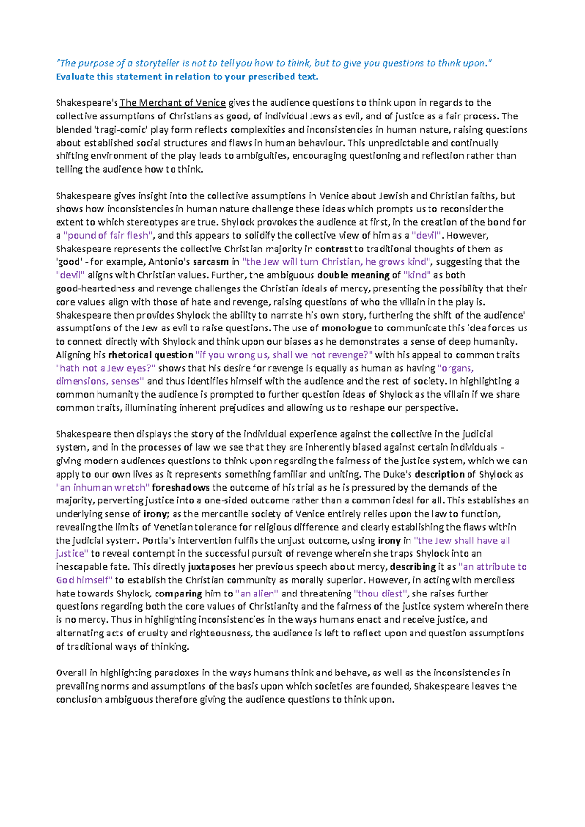 2019 English Adv. The Merchant of Venice Essay - "The purpose of a ...