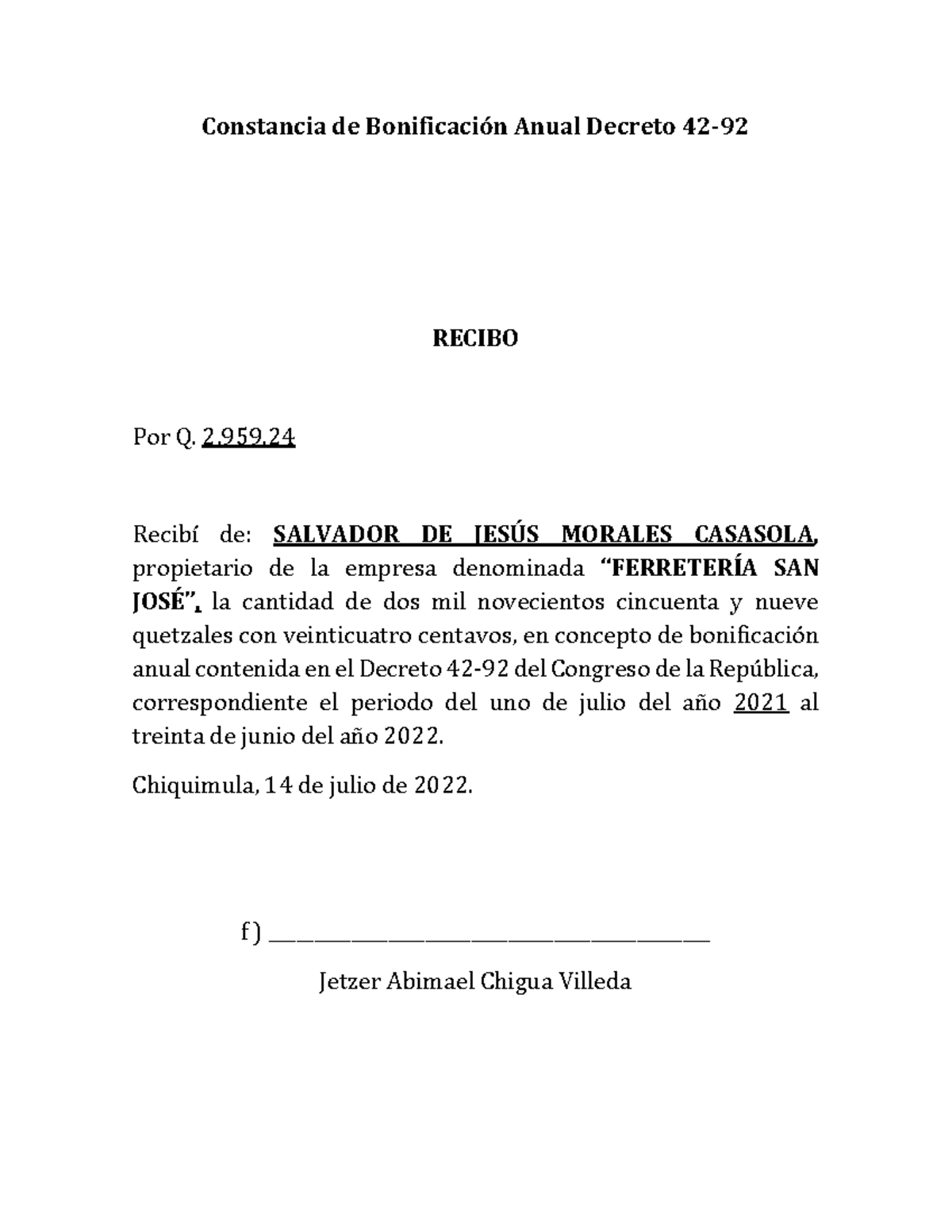 Bono 14 - BONO - Constancia de Bonificación Anual Decreto 42- RECIBO ...