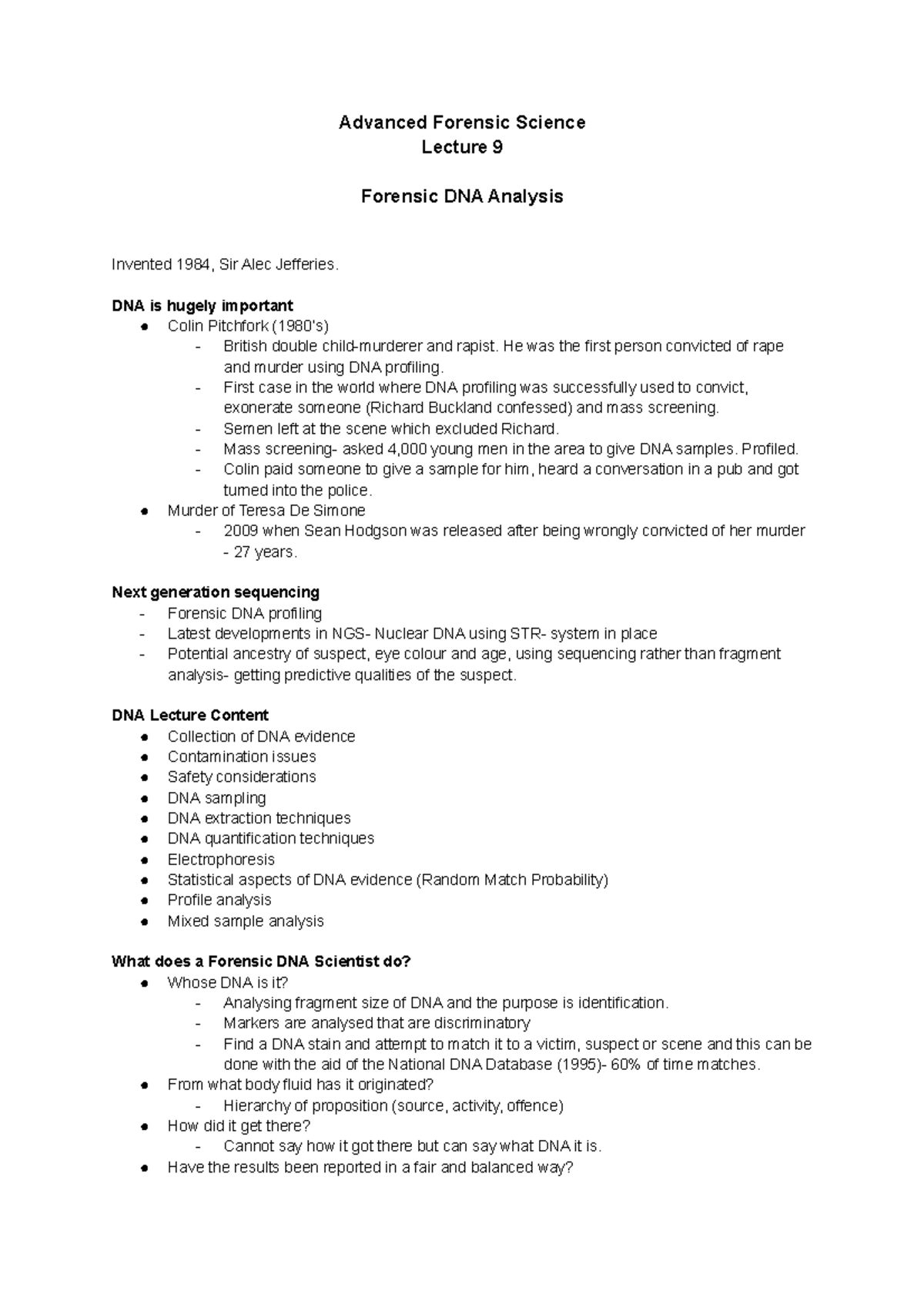 Advanced Forensic Science Forensic Dna Analysis Advanced Forensic Science Lecture 9 Forensic