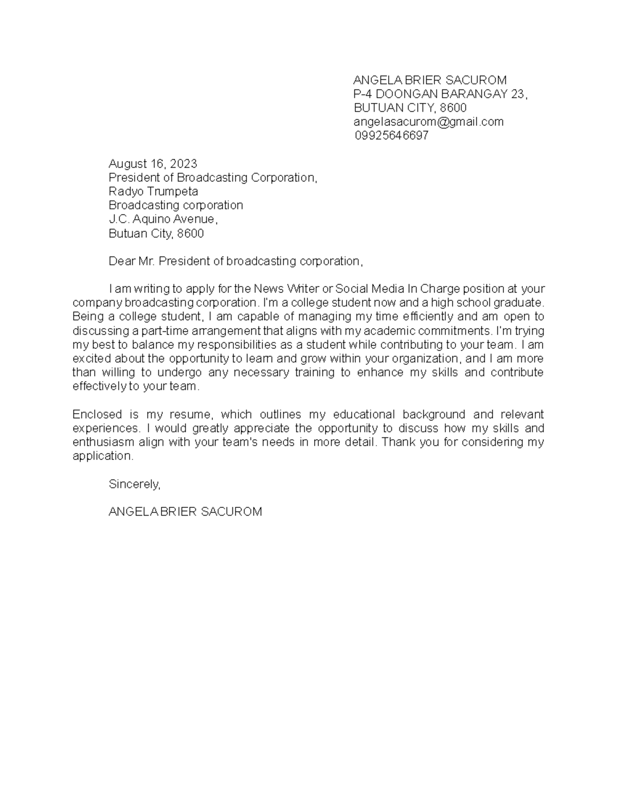 My application letter Angela Brier Sacurom - ANGELA BRIER SACUROM P-4 ...