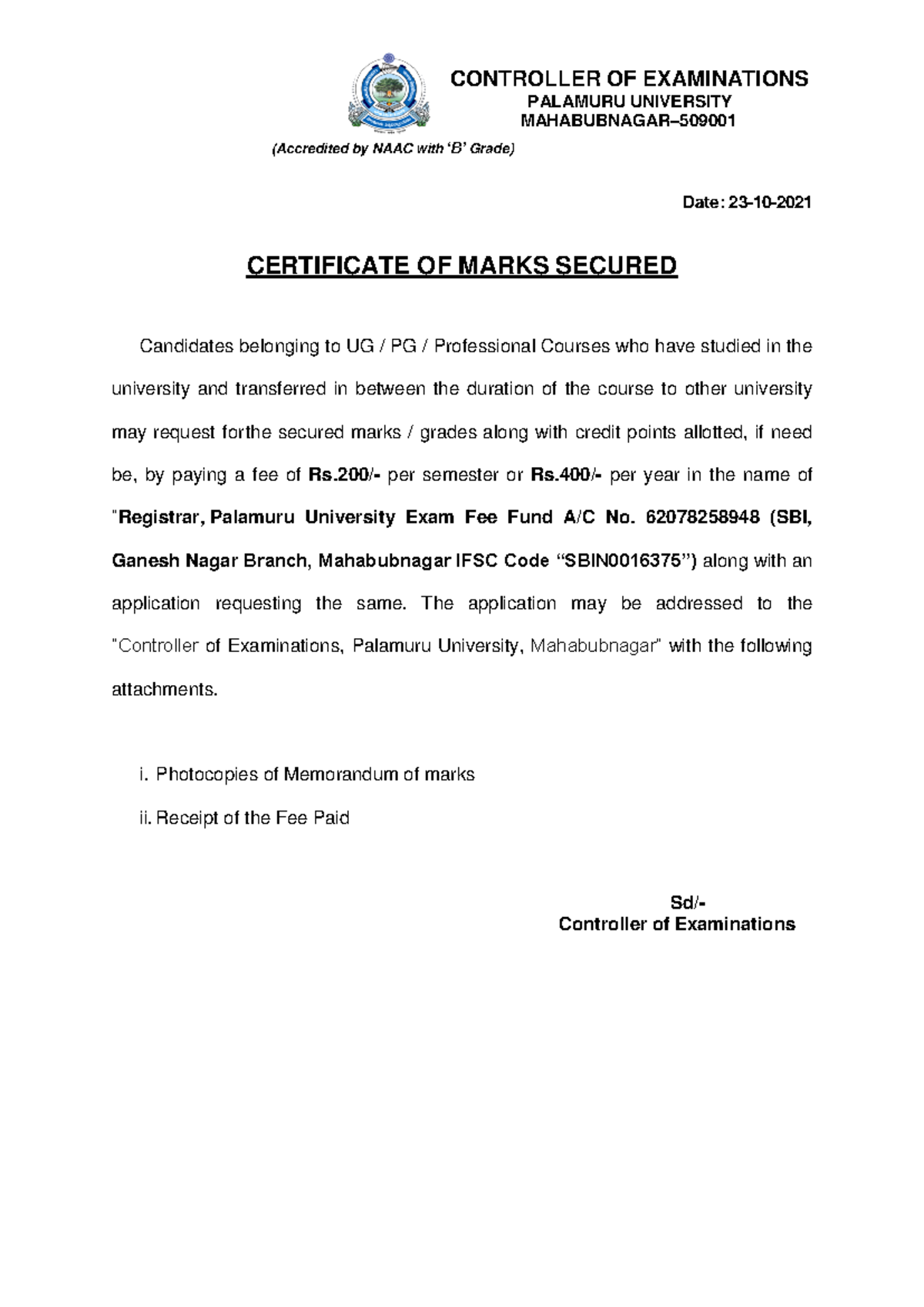Certificateofmarkssecured - CONTROLLER OF EXAMINATIONS PALAMURU ...