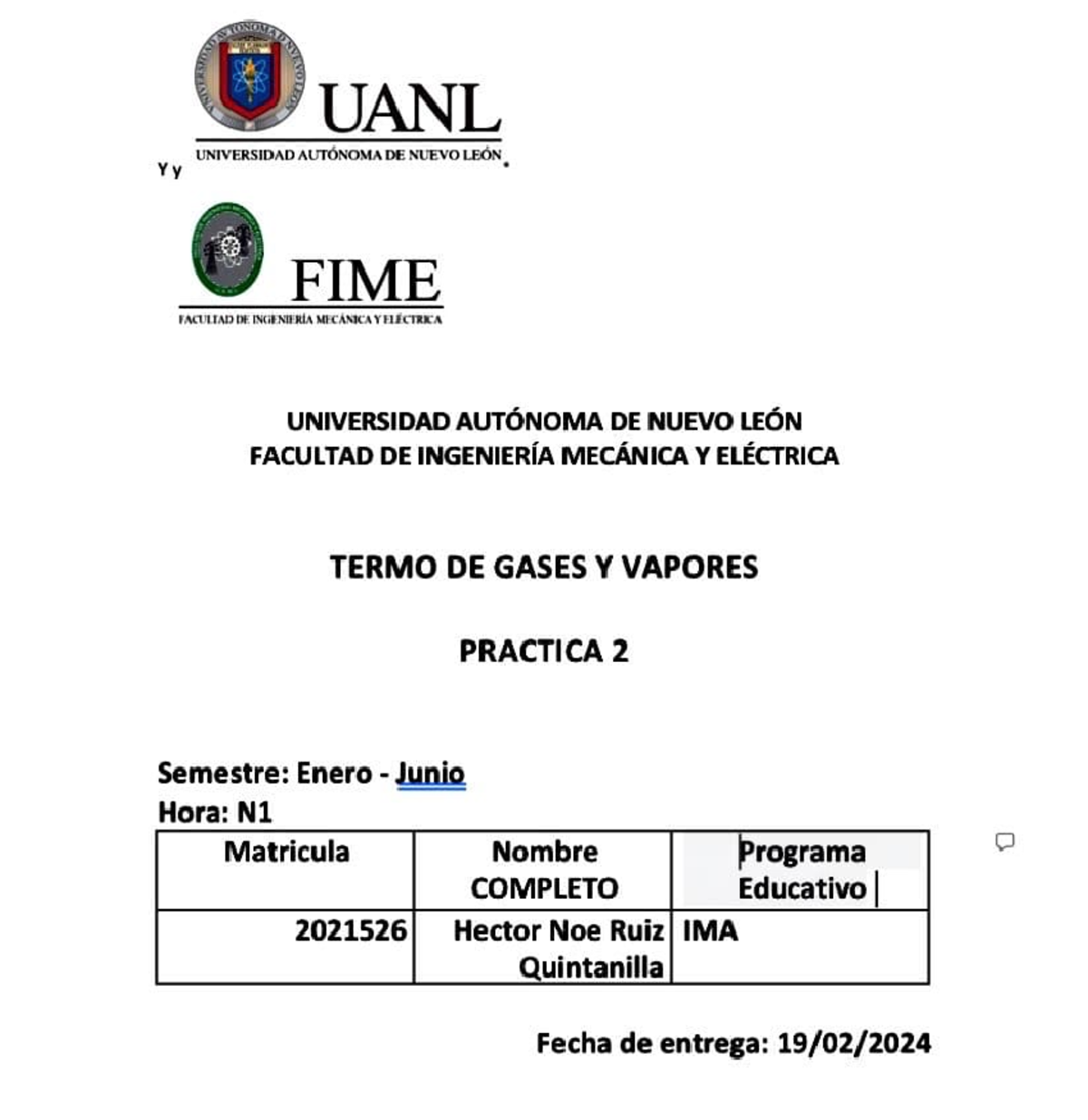 P2 HNRQ 2021526 TGYV - Practicas - Termodinámica De Gases Y Vapores Y Laboratorio - Studocu
