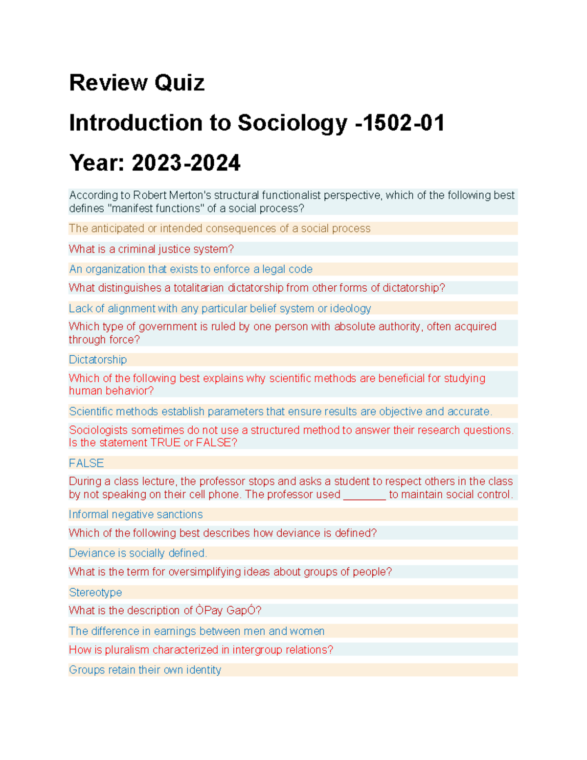 Review Quiz Introduction to Sociology Soc 1502 - 01 - Review Quiz ...