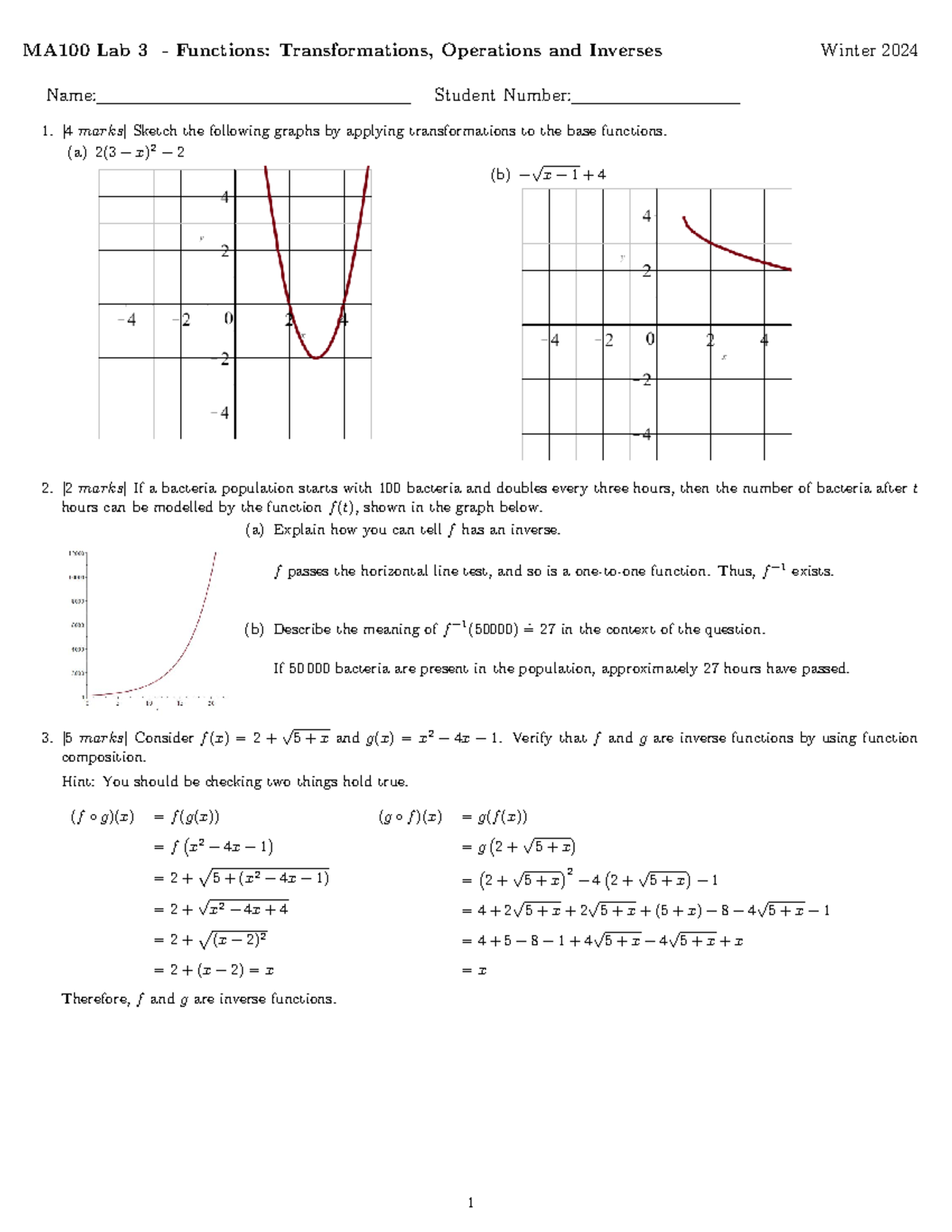 WLU Ma100Lab3Soln - ma100 lab solutions - MA100 Lab 3 - Functions: Transformations, Operations ...