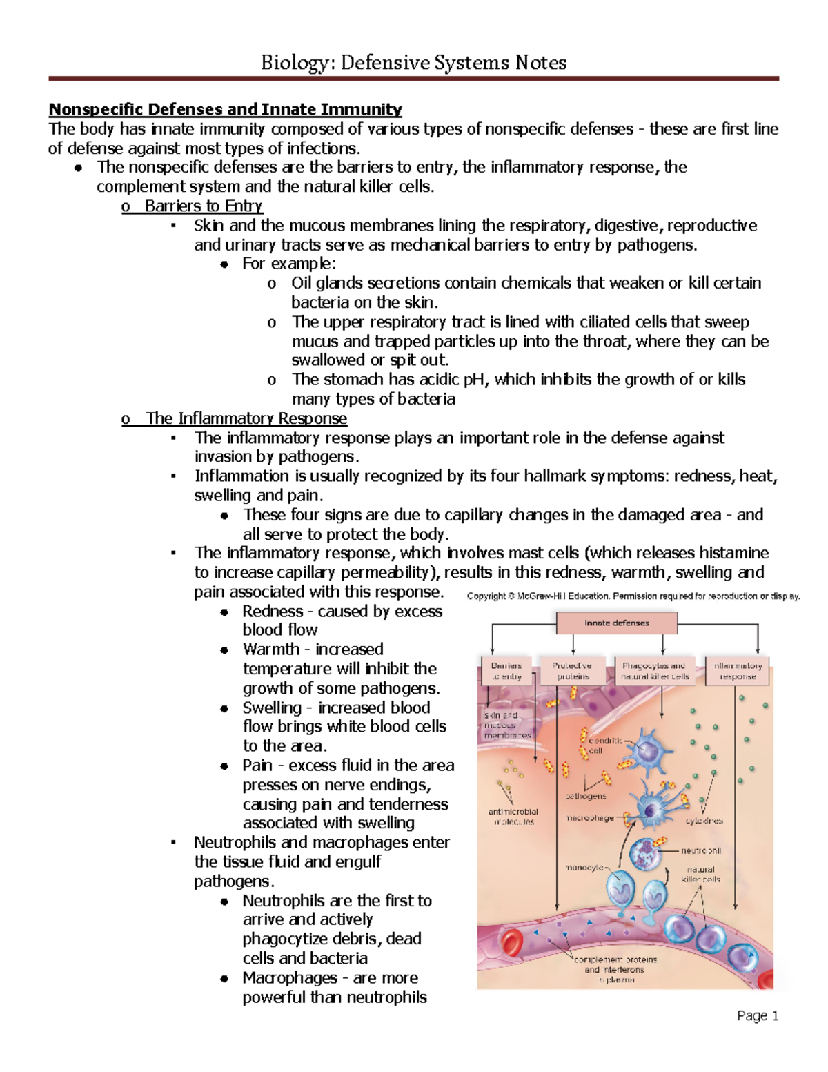 Defensive Systems Notes - Nonspecific Defenses and Innate Immunity The ...