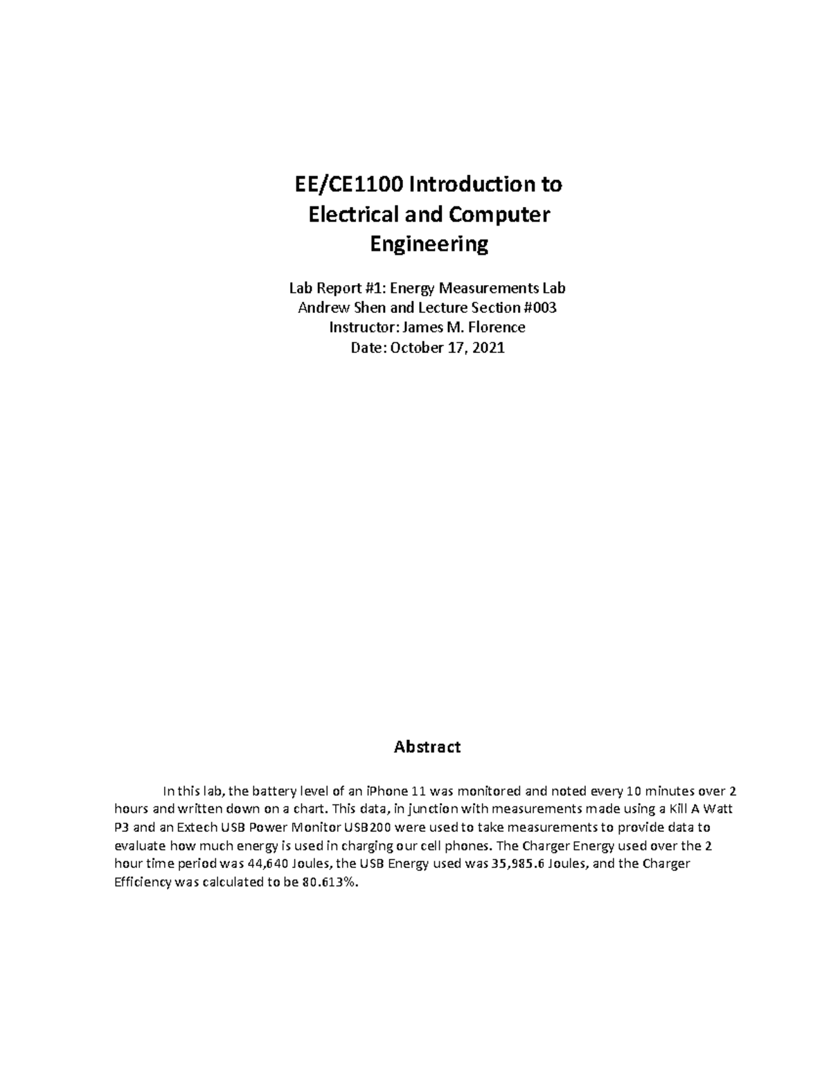 Energy Lab - sssssdasdadadam - EE/CE1100 Introduction to Electrical and Computer Engineering Lab ...