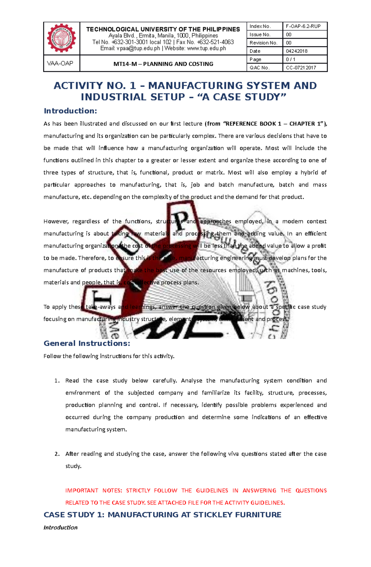 Activity NO. 1 – Manufacturing System AND Industrial Setup – “A CASE ...