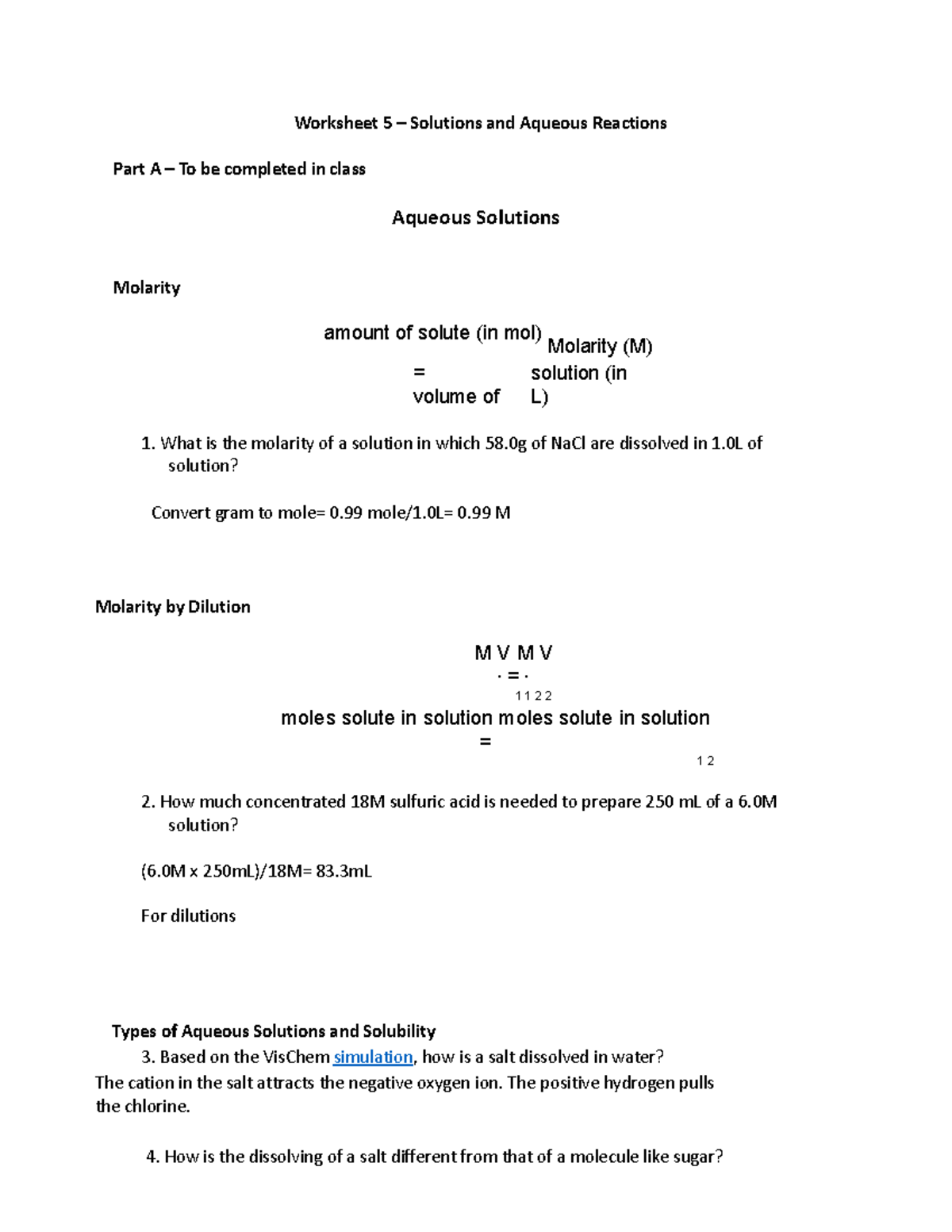Worksheet 5-Solutions and Aq. Reactions - Worksheet 5 – Solutions and ...