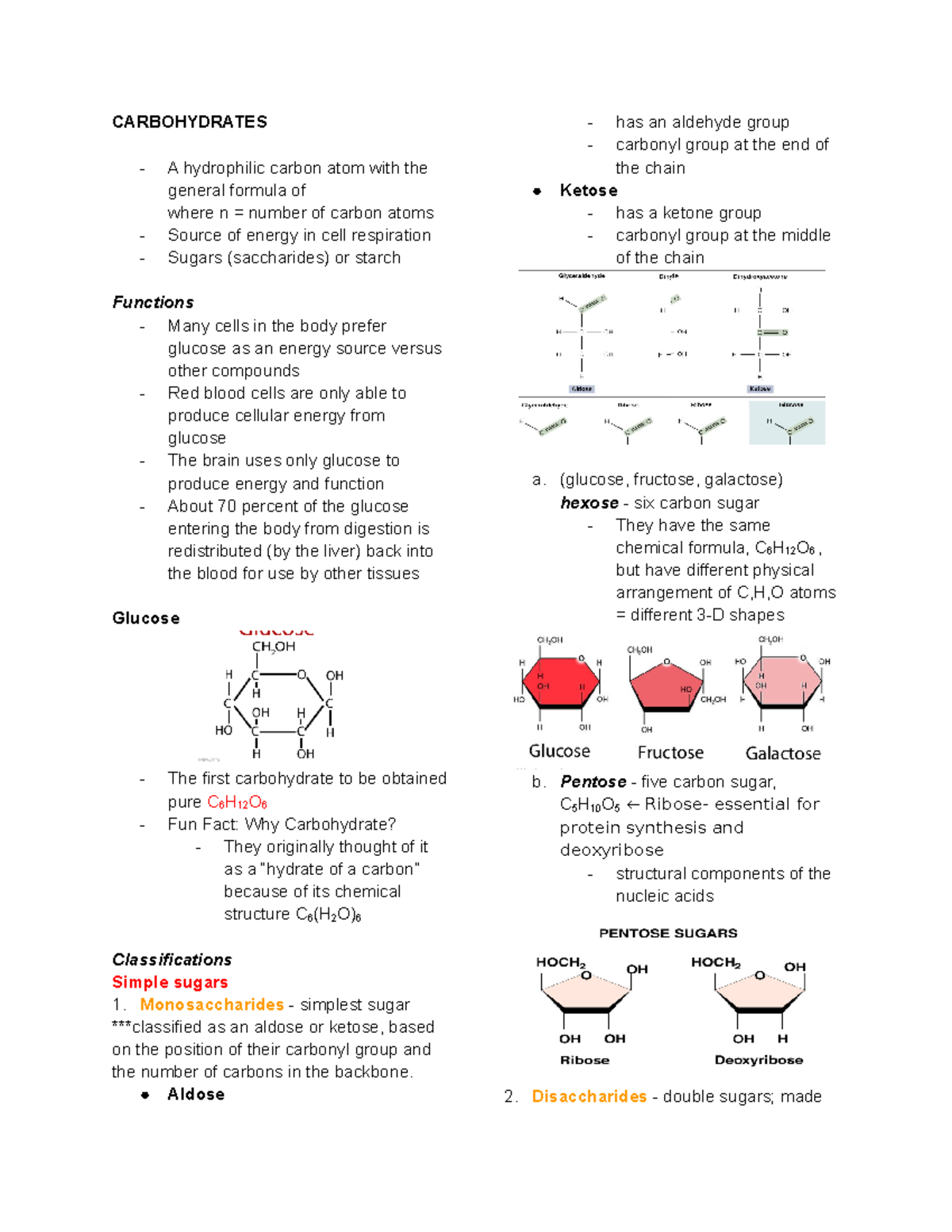 SS 105 - Carbohydrates Handout - CARBOHYDRATES A hydrophilic carbon ...