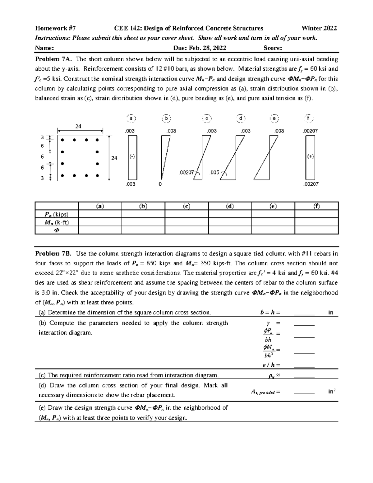 HW7 W22 - N/A - Homework #7 CEE 142: Design of Reinforced Concrete ...