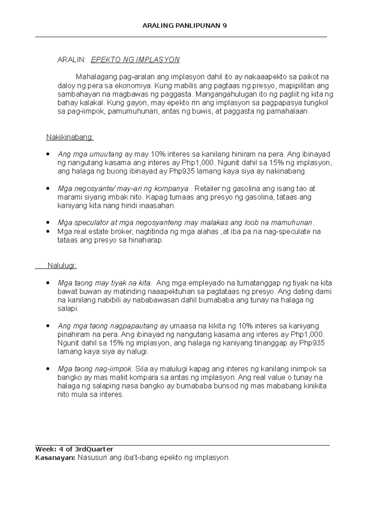 Epekto ng Implasyon - Learning Sheet - ARALING PANLIPUNAN 9 ARALIN ...