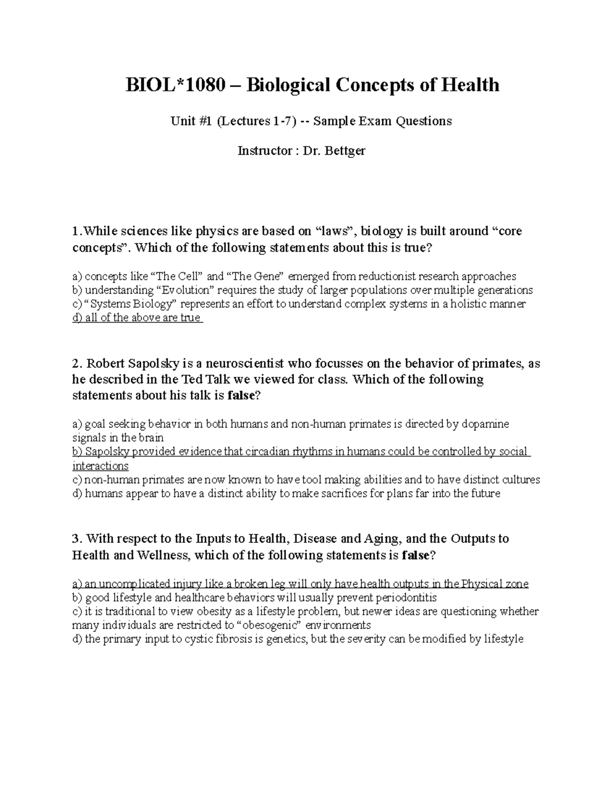 BIOL 1080 Sample Unit 1 Exam Questions W23 - BIOL*1080 – Biological ...