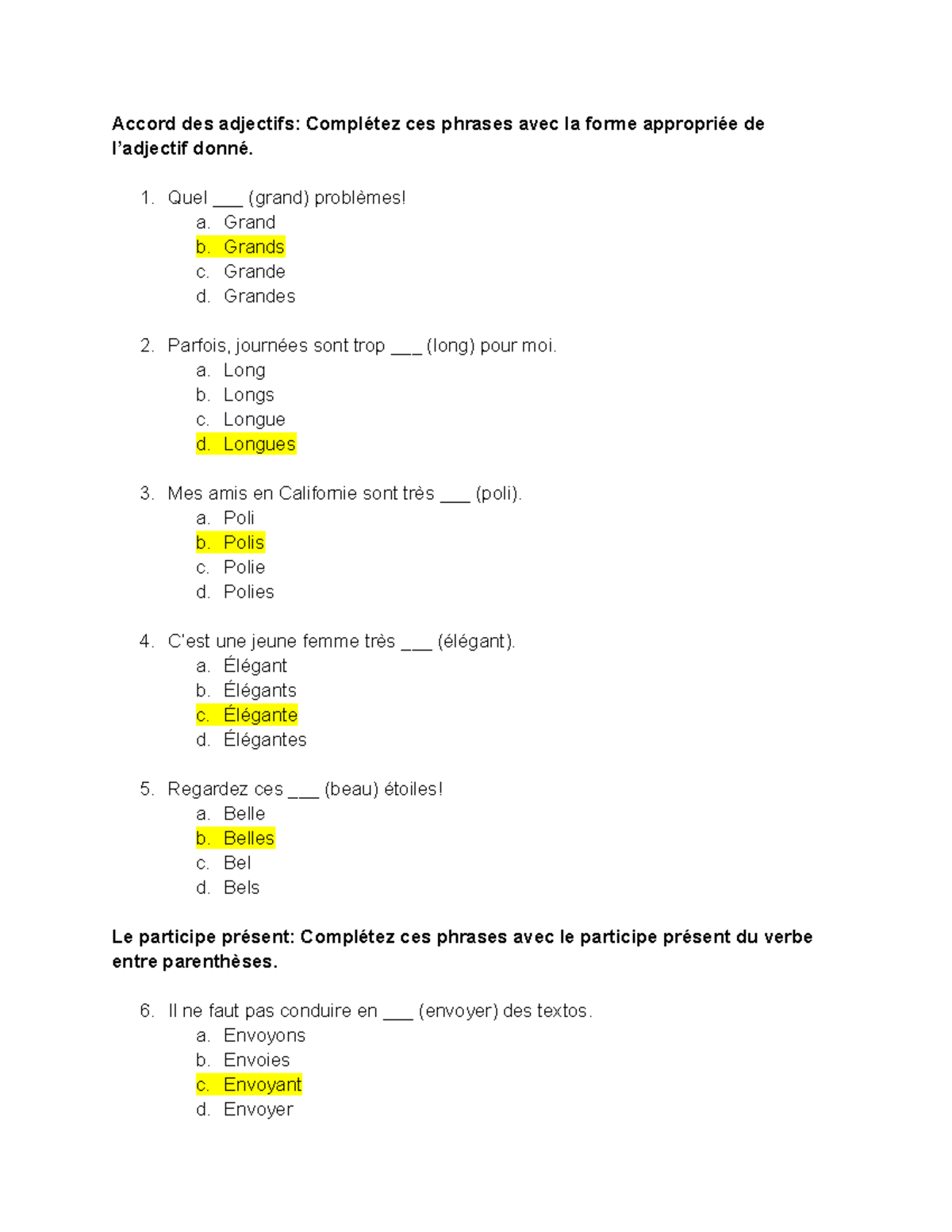 Unit 1 Study Guide - Accord des adjectifs: Complétez ces phrases avec ...