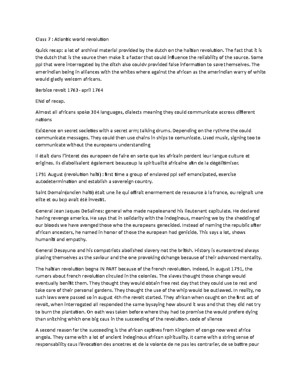 Hist 7 - hist - Class 7 : Atlantic world revolution Quick recap: a lot ...