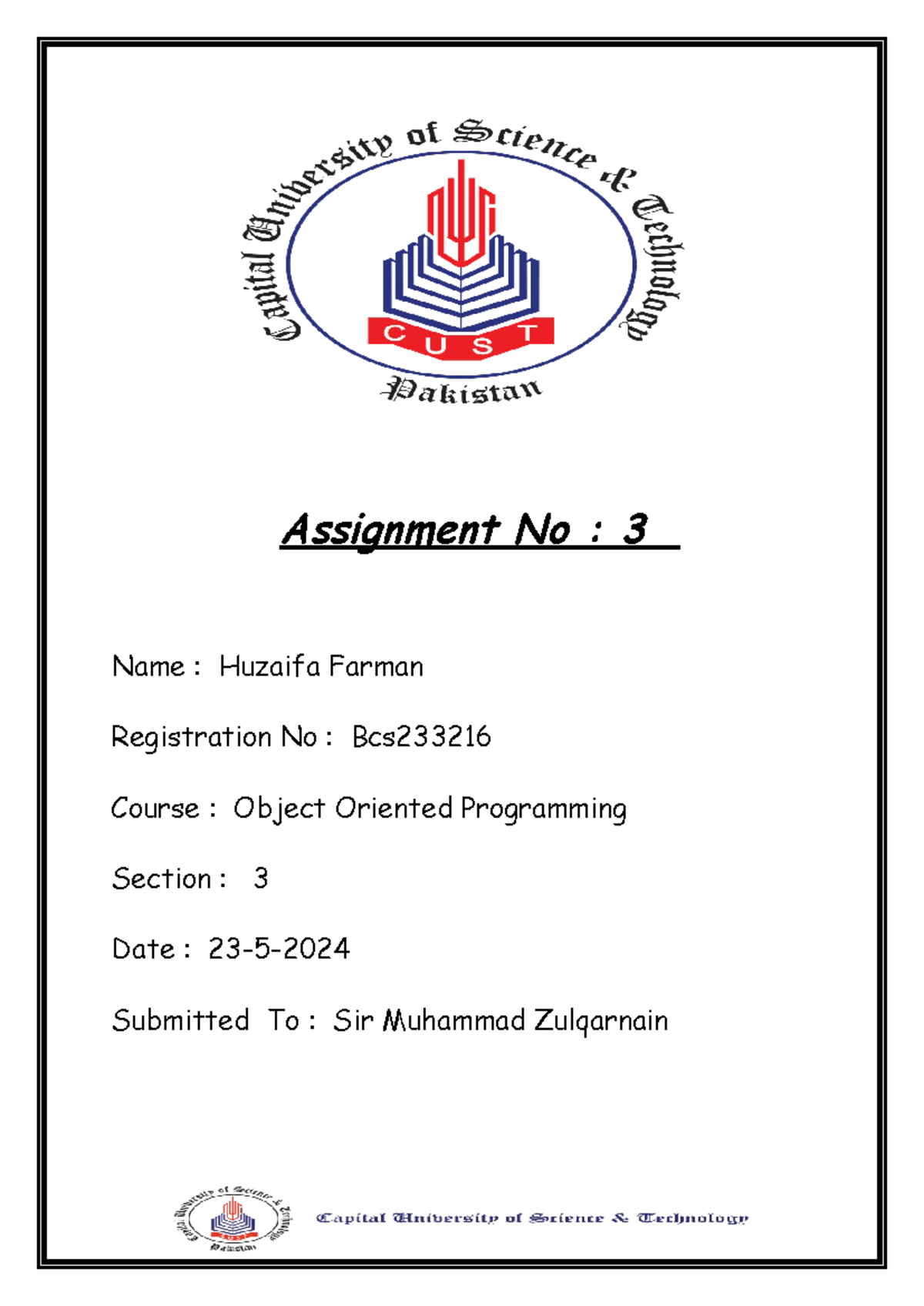 Assignment Title Page Introduction To Programming Assignment No 3 Name Huzaifa Farman