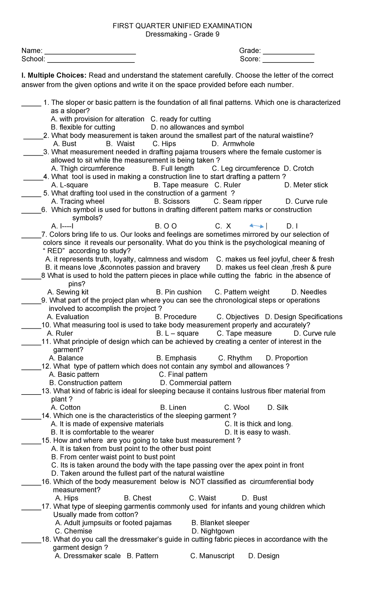 Dressmaking -9 TQ - sample - FIRST QUARTER UNIFIED EXAMINATION ...